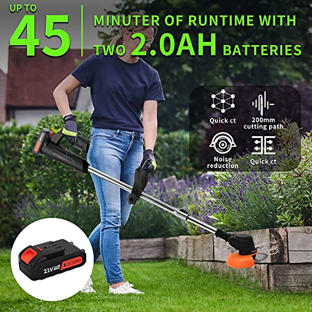 Vagueior Electric Weed Eater,21V Cordless Trimmer, Equipped with 2AH Battery and 3 Blades, is Suitable for Yard Lawn Trimming. (2 Battery, Black)