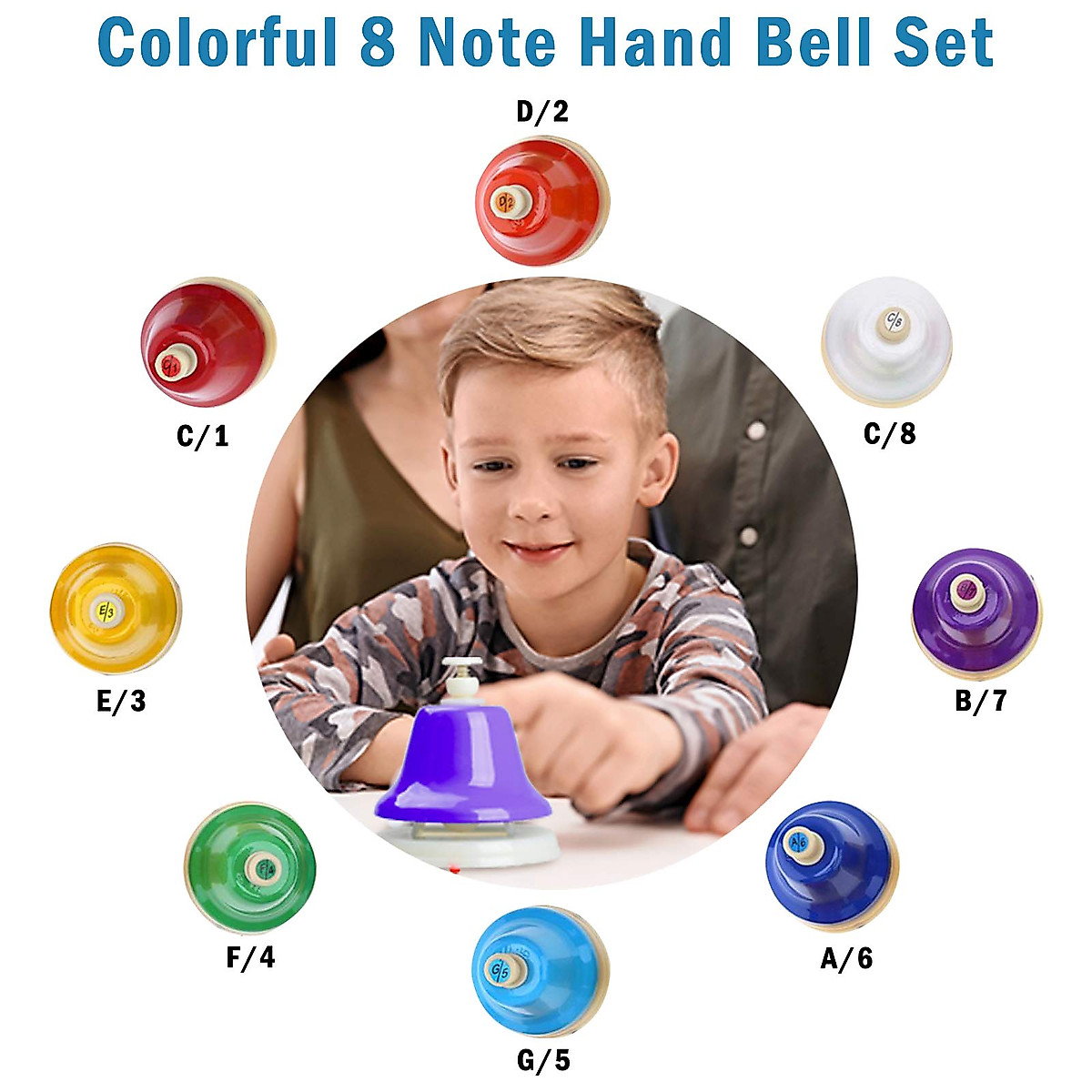 SHINLEYPACK Desk Bells Hand Bells for Kids,8 Notes Diatonic Colorful Metal Music Bells Percussion Instrument Musical Teaching Chromatic Birthday Gift for Children