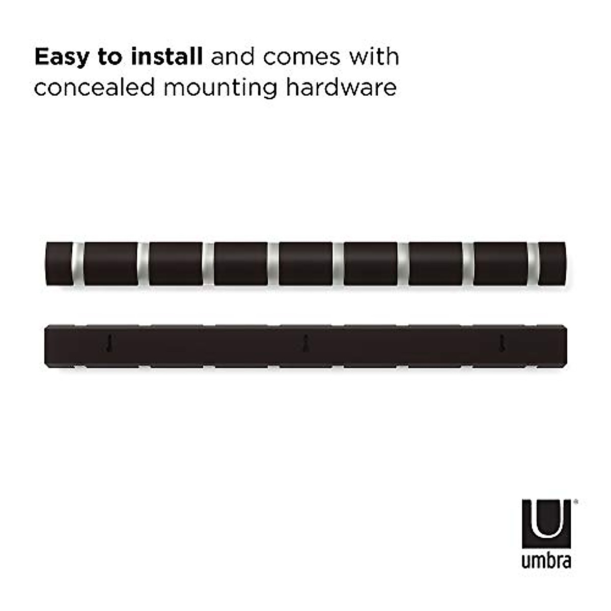 Umbra Flip Wall Mounted Floating Rack – Modern, Sleek, Space-Saving Hanger with Retractable Hooks to Hang Coats, Scarves, Purses and More, 8, Espresso