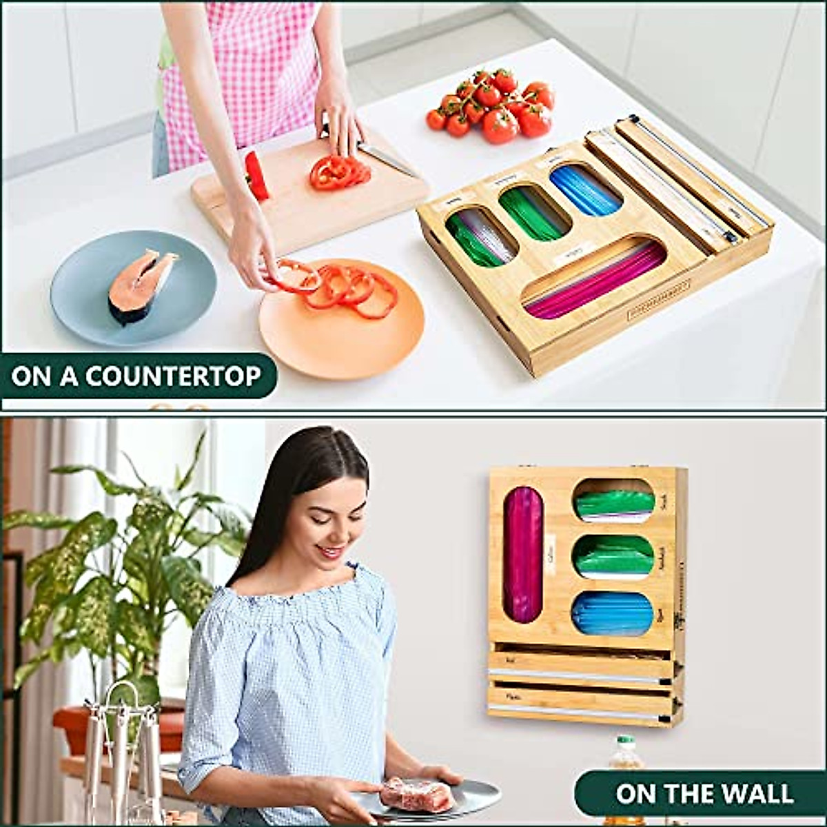 Premiumarkt 6in1 Thick Bamboo Ziplock Bag Organizer Wrap Dispenser with Cutter, Kitchen drawer organizer storage, Compatible with Gallon,Quart,Sandwich,Snack, Foil, Premium bamboo with wall mounts BMORG01