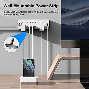 Power Strip, YOHINSIZ Surge Protector with 12 outlets and 4 USB Ports & 1 USB-C Port(5V/3A),6FT Extension Cord Flat Plug for Home&Office,Black/White (White)