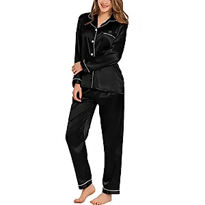 SWOMOG Womens Silk Satin Pajamas Long Sleeve Loungewear Two-piece Sleepwear Button-Down Pj Set Black