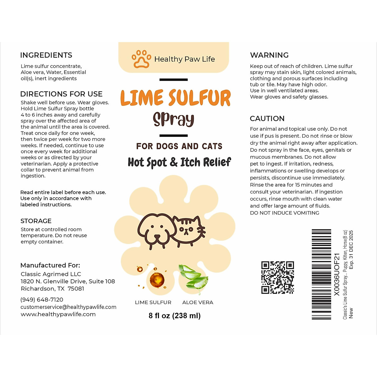 Classic's Lime Sulfur Spray Pet Care for Dry and Itchy Skin - Spotcare and Safe Solution for Dog, Cat, Puppy, Kitten, Horse (12 oz)
