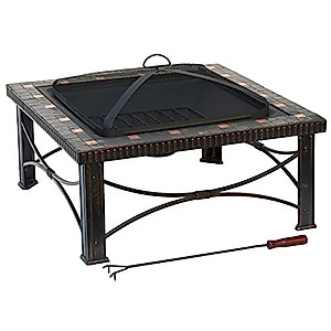 Hiland FTB-51161 Wood Burning Fire Pit w/Poker and Mesh Screen Lid, Large, Slate/Copper