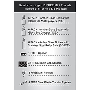 Youngever 18 Amber Glass Essential Oil Bottles Bundle, 6 Dropper Bottles (1 Ounce), 6 Spray Bottles (2 Ounce), 6 Stainless Steel Roller Bottles for Essential Oil (10 ml)