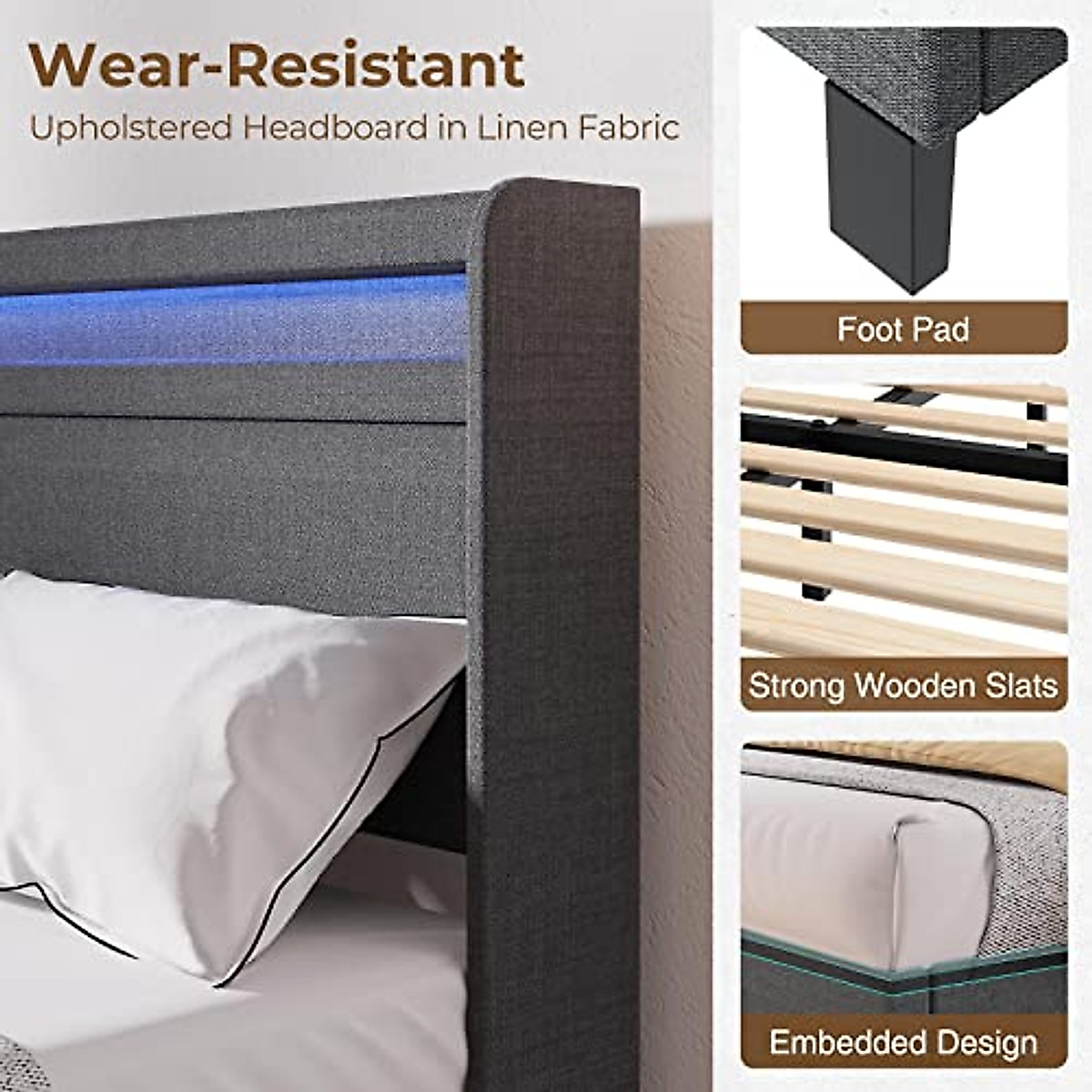Rolanstar Bed Frame Twin Size with Headboard, Upholstered Platform Bed Frame Twin with LED Lights and USB Ports, Motion Activated Night Light & Solid Wood Slats, No Box Spring Needed, Dark Grey