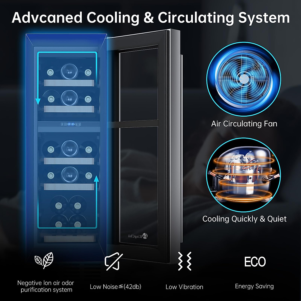 KingChii 12Inch 16 Bottle Dual Zone Wine Cooler Refrigerator Professional Compressor, Stainless Steel & Tempered Glass For Red Wine, Champagne - Built-in or Freestanding for Home, Kitchen, or Office