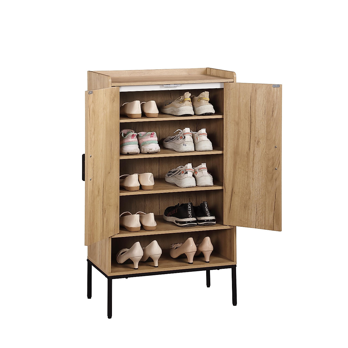 Kavonty Shoe Cabinet with Rattan Doors, 5-Tier Shoe Storage Cabinet with Open Shelves,Wooden Shoes Rack Organizer, for Entryway Hallway Closet Bedroom, Natural
