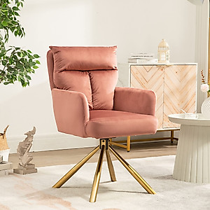 NORDICANA 180° Swivel Velvet Living Room Chair Modern Dining Armchair with Golden Legs Ergonomic Upholstered Accent Chair Single Sofa for Bedroom Reading Home Office, Rose Pink