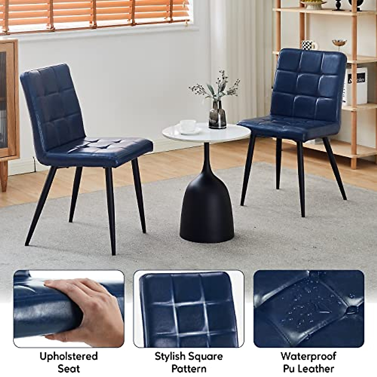 CLIPOP Kitchen Faux Leather Dining Chairs Set of 4, Mid-Century Modern Dining Chair with with Square Grid Design Backrest Heavy Duty Metal Legs, Armless Kitchen Accent Chair for Living Room, Blue