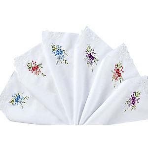 Women&#039;s 100% Cotton Handkerchief,Embroidery Hankies Pack of 6, White, One Size