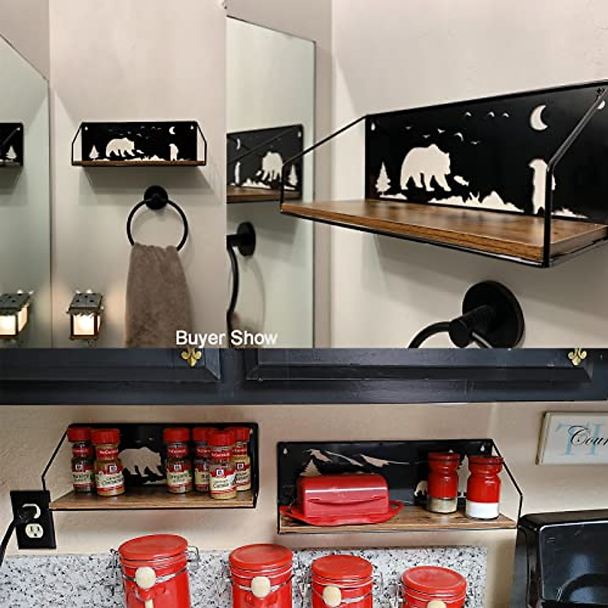Giftgarden Floating Shelves for Wall with Unique Adorable Bears Cutouts, Rustic Wooden Iron Wall Shelf Decor for Bathroom Cabin Lodge Bedroom Kitchen Living Room Nursery, Black, Set of 2