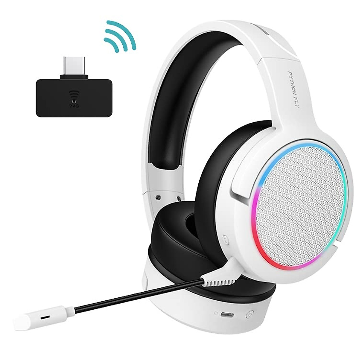 2.4g Esports Gaming Headset 7.1 Channel 50MM Drivers Detachable Noise Cancelling Microphone for Game Laptop Desktop PC Xbox One Switch PS4 PS5 Mobil Device with RGB Light Classic White Black (Black)