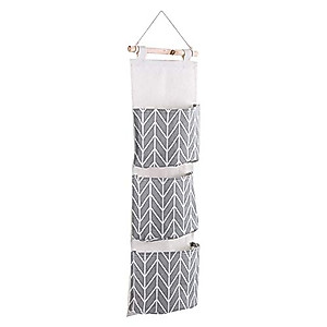 Oumefar 3 Pockets Hanging Pouch Cotton Linen Wall Hanging Storage Bags Door Pouch Bedroom Home Office Organizer 20x67cm(Gray)