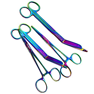 CynaMed German Nurses Doctor Lister Bandage Scissors 7.25" +5.5" + HEMOSTAT Forceps Str +Cvd 5.5" Multi Color Rainbow Color Stainless Steel - (Set of 4)