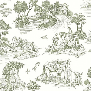 lenify Toile Wallpaper Peel and Stick Wallpaper Line Drawing Wallpaper 16.9inch x 118.1inch Green Vintage Wallpaper Country Life Self-Adhesive Removable Contact Paper for Bedroom Decorative Vinyl