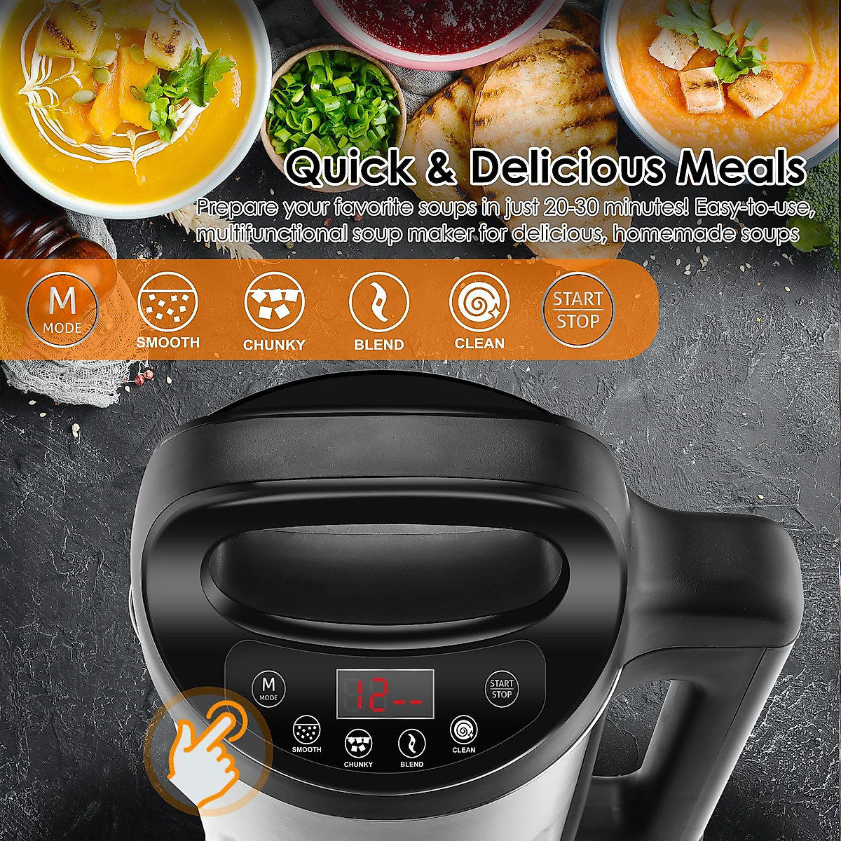 1.6L Soup Maker Machine, Stainless Steel Programmable Soup Maker with Smooth & Chunky Settings, Anti-Dry Burn, Overfill Sensors, and Self-Cleaning Mode for Quick Soups, Baby Food, and Home Use Black