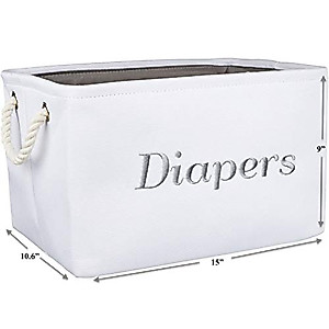APPLE PIE ORDER Diaper holder, Storage & organizer Basket for Nursery, Baby boy or girl. White Canvas fabric Decorative Bin with Gray Embroidering.