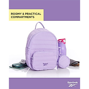 Reebok Women's Backpack - Artemis Quilted Shoulder Purse - Travel Gym Bag for Kids, Teens, and Adults, Size One Size, Pastel Lilac