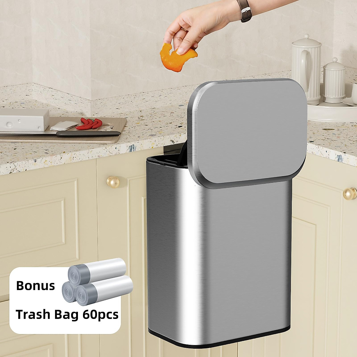 KSSKSS 2.1 Gallon Kitchen Compost Bin with Lid and Inner Bucket, 8L Stainless Steel Hanging Trash Can with Removable Inner Bucket for Cupboard/RV, Mountable Indoor Compost Bucket (Silver)