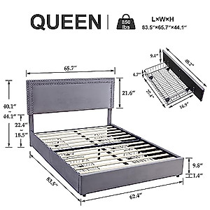Queen Size Upholstered Platform Bed Frame Platform with 4 Storage Drawers, Adjustable Velvet Rivets Headboard, Wooden Slats Support, No Box Spring Needed, Easy Assembly