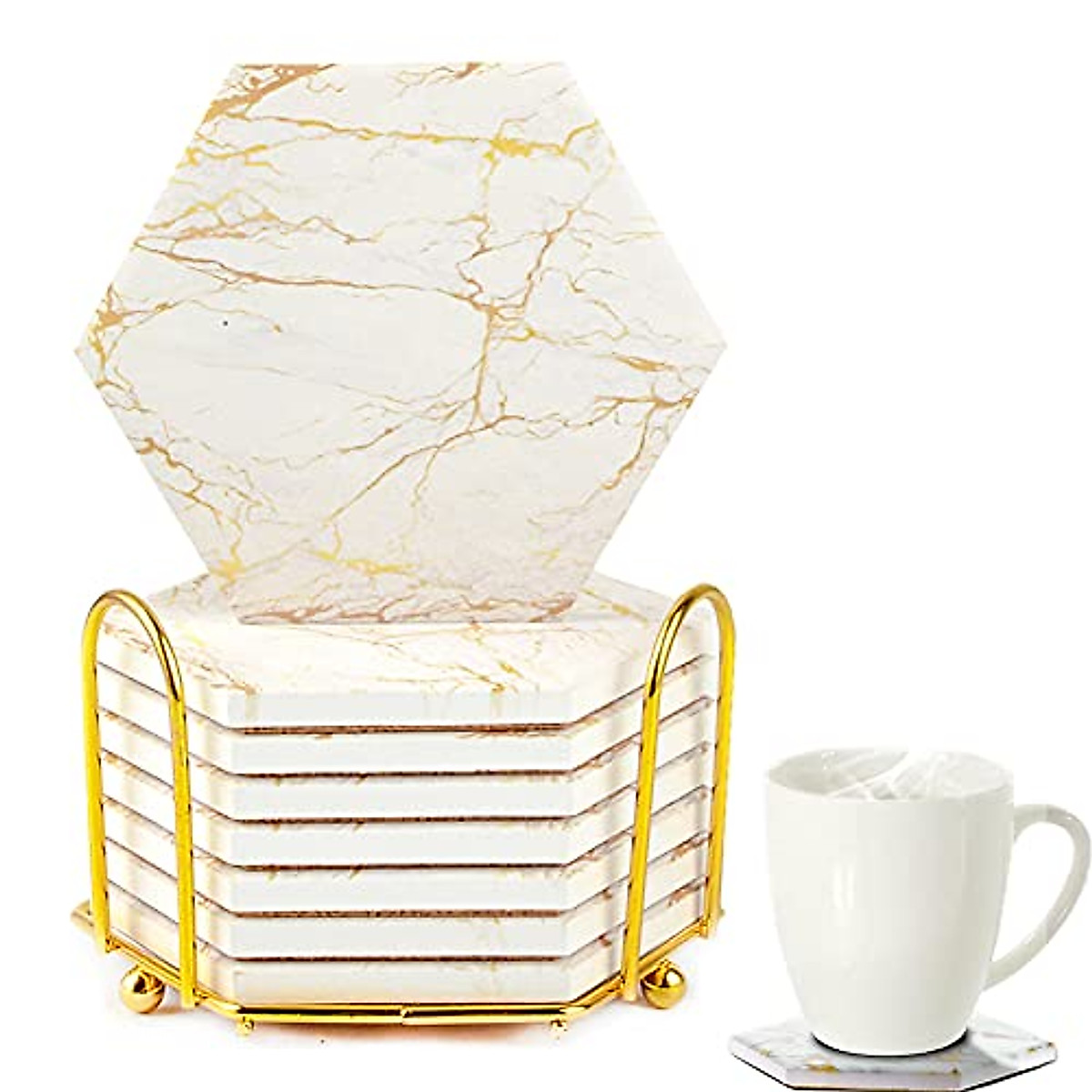 Marble Coasters for Drinks Absorbent with Cork Base, 8 Pcs Drink Coasters for Wooden Table with Metal Holder, Gold Ceramic Cup Coaster Set Rustic Home Decor for Living Room Bar, Housewarming Gifts