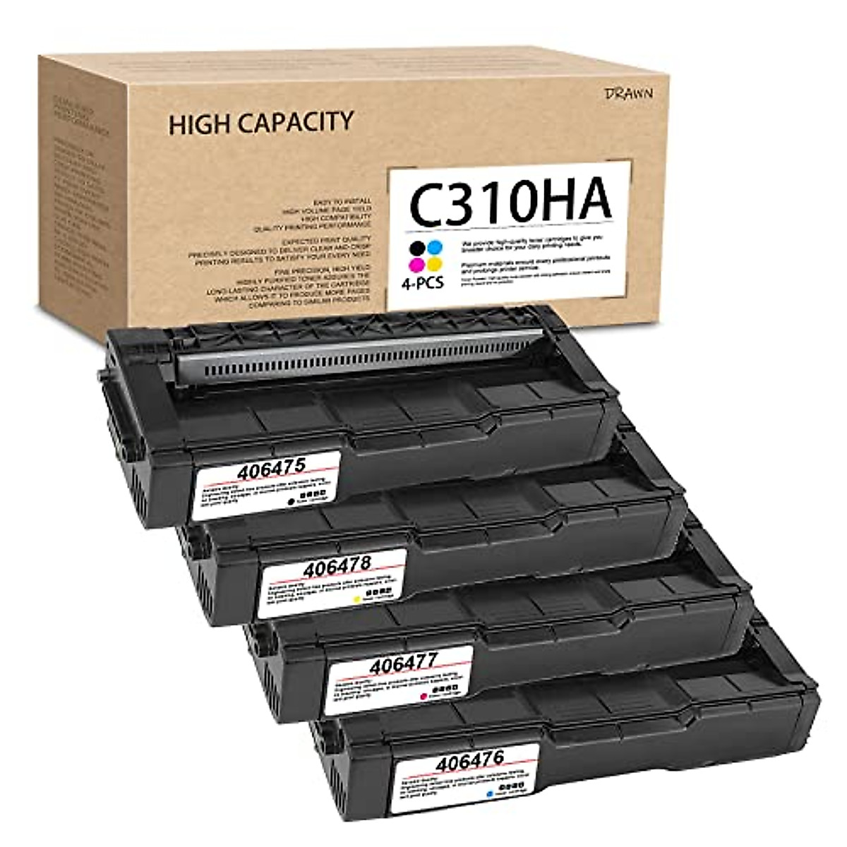 DRAWN C310HA 406475 406476 406477 406478 Compatible C310HA Toner Cartridge Set Replacement for Ricoh Aficio SP C310 C310A C231SF C232SF C242SF C320DN Printer, C310HA (4Pack,1BK+1C/1M/1Y)