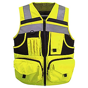 ZUJA 3M Reflective stripes Safety Vest Hi-vis Yellow knitted Vest with 10 pockets Bright Construction Workwear for men and women. (Medium)