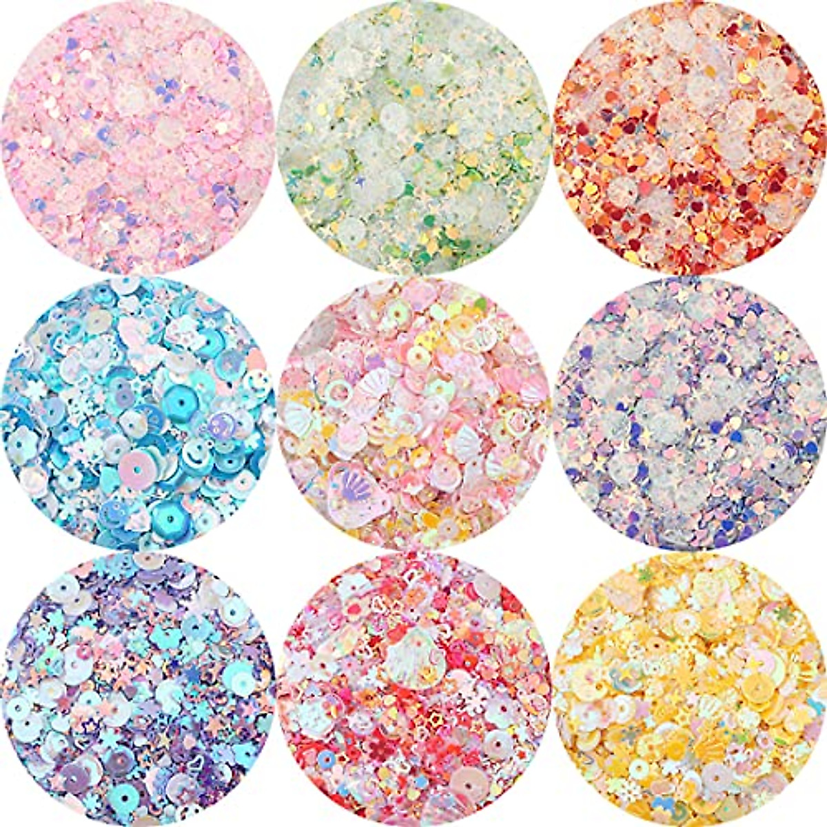 Decoendiy 6 Pack Mixed Shaped Glitter Flakes, Chunky Sparkle Sewing Glitter, Heart Star Seashell Shiny Slices with Hole, for Sewing Embellishment Accessories DIY Crafts Arts (Purple)