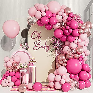 138pcs Pink Balloon Arch Garland Kit with Different Size Pastel Hot Pink White Metallic Rose Gold Confetti Balloons for Birthday Baby Shower Princess Theme Wedding Valentine's Party Decorations