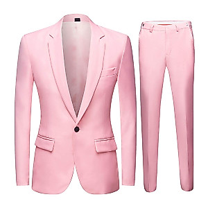 Men's Suit Single-Breasted One Button Center Vent 2 Pieces Slim Fit Formal Suits,Pink,X-Large