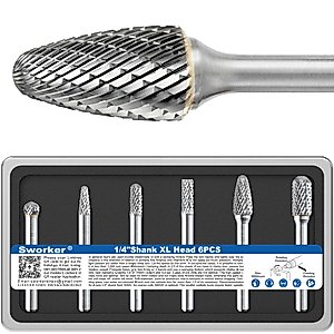 Sworker 6 Pcs 1/4 Carbide Burr Set 1/4 Shank Die Grinder Bits Drill Bits Grinding Bits for Metal Rotary Tool Attachment Accessories Rasp Weld Wood Stone Deburring Compatible with Milwaukee Dewalt