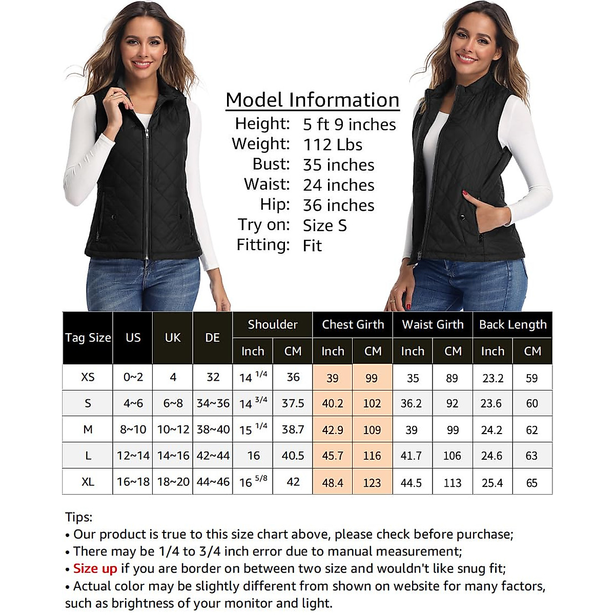 LONGKING Women's Vest - Stand Collar Lightweight Zip Quilted Vest for Women