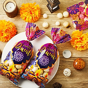 100 Pieces Happy Diwali Party Favor Bags, Festival of Lights Gift Candy Bags with Twist Ties Cellophane Plastic Treat Goodie Bags for Diwali Party, Indian Lights celebration Party Supplies Decoration