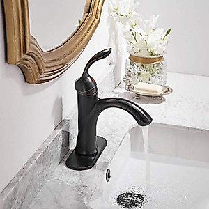 Homevacious Bathroom Sink Faucet Single Handle Oil Rubbed Bronze Bath Stream Lavatory Vanity One Hole Lever Basin Mixer Tap Deck Mount Low-Arc Long Spout Commercial Supply Hose Lead-Free