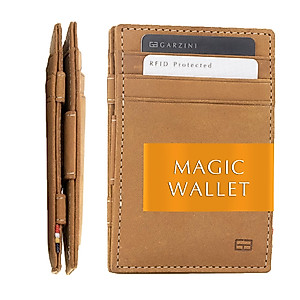 GARZINI Magic Wallet For Men, Minimalist Wallet with RFID card holder, Leather Wallet for 10 cards, Camel Brown