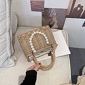 Pearl Handle Rattan Handbag, Straw Shoulder Bag Tote Bags, Mini Basket Handbag