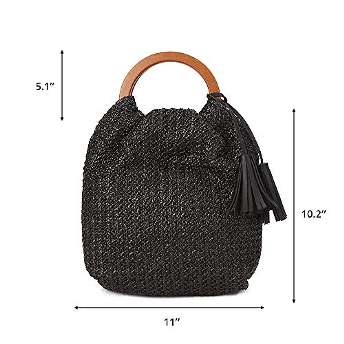 QTKJ Hand-woven Large Straw Tote Bag with Black Leather Tassels Boho Brown Wooden Round Handle Tote Retro Summer Beach Bag Rattan Handbag (Black)