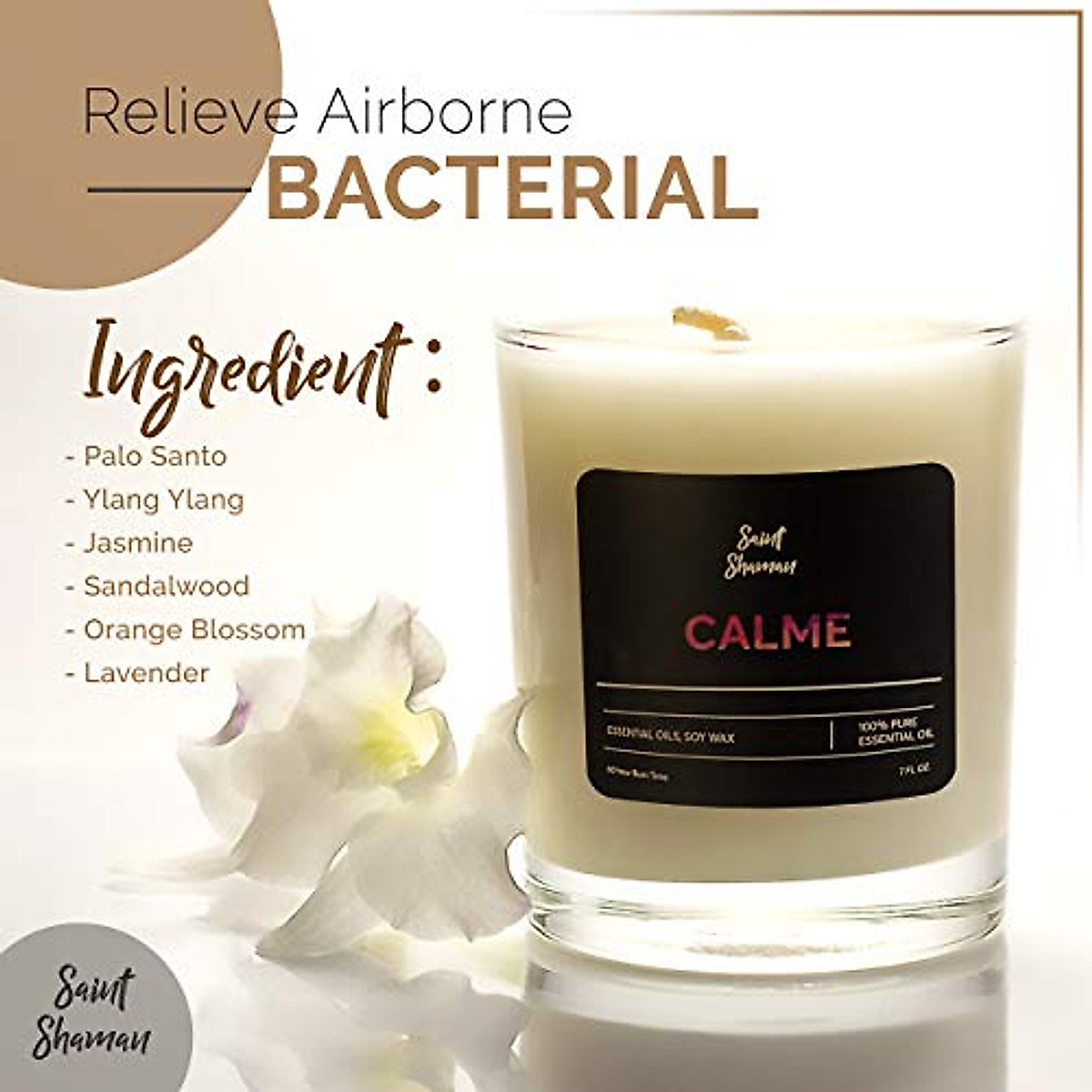 Saint Shaman Calme Scented Candle - Soy Wax Aromated with Essential Oils of Ylang-Ylang, Jasmine, Lavender & Sandalwood, Best Aromatherapy Candles for Home, 7 Oz, 60 Hours Burning Time