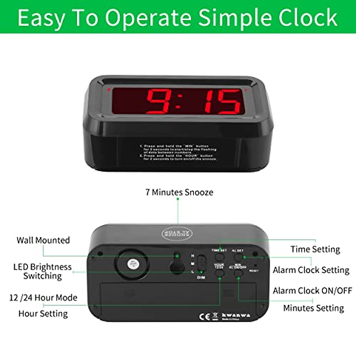 KWANWA Alarm Clock, Wall Clock, Battery Operated, Adjustable 3-Level Led Brightness, Dim Night Model, 12/24Hr, Cordless, Constantly 1.2'' Red Digits Display, Small Clock for Bedroom