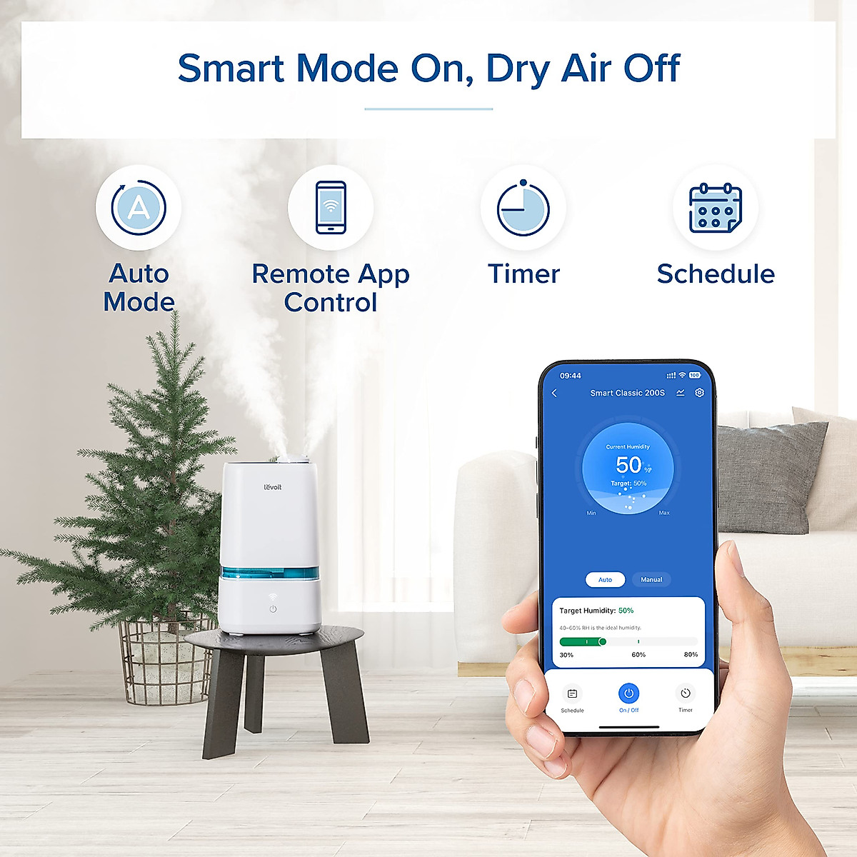 LEVOIT Humidifiers for Bedroom, Smart Wi-Fi Cool Mist Essential Oils Diffuser in One, 4L Ultrasonic Air Vaporizer for Plants, Baby, Quiet for Home Large Room, Nursery, 40H