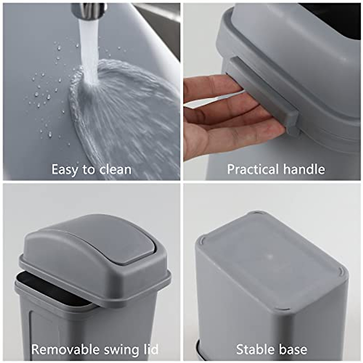 Ramddy 3 Pack Plastic Garbage Can, Gray, 7 L Trash Can with Swing Lid