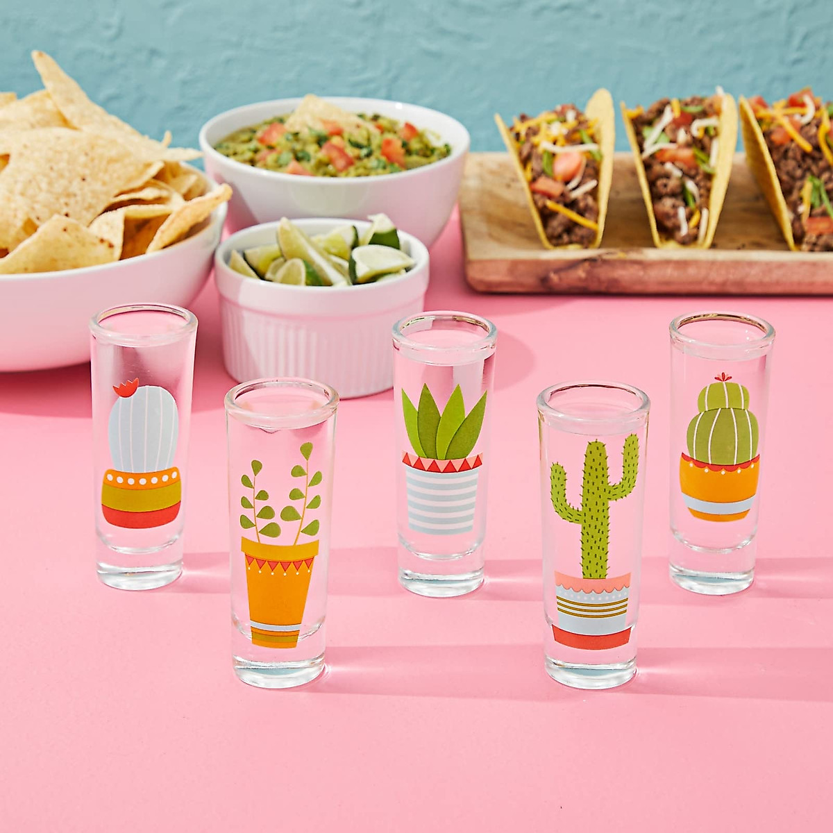 BLUE PANDA 5 Pack Shot Glasses Set with Cactus Designs for Bachelorette, Fiesta Supplies, Western-Themed Party, Round, Decorative Shot Glasses with Heavy Base for Tequila, Whiskey, Vodka (2 oz)