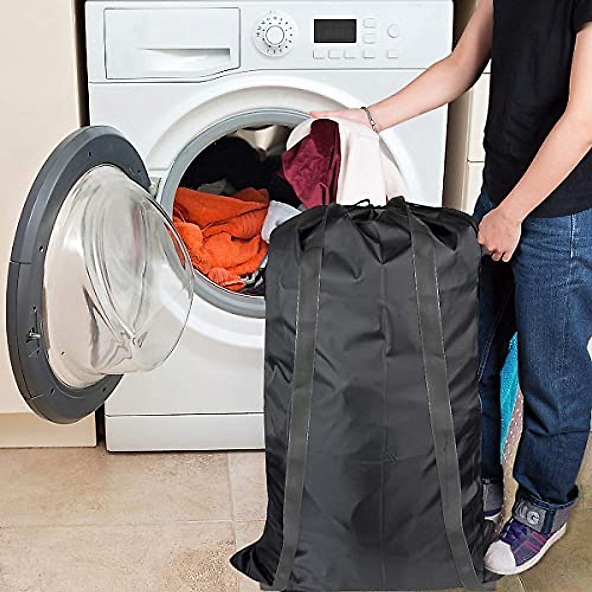 Laundry Bag with Strap, Machine Washable Large Dirty Clothes Organizer, Clothes Storage Easy Fit a Laundry Hamper or Basket, Can Carry Up to 4 Loads of Laundry, Bonus Reusable Tote (Black - Hot Pink)