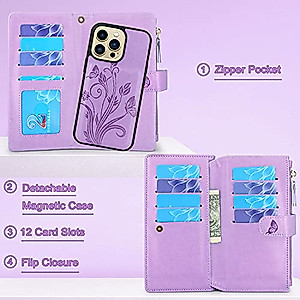 Lacass Compatible with iPhone 13 Pro 6.1 inch 2021 Case [Card Slots] ID Credit Cash Holder Zipper Pocket Detachable Magnet Leather Wallet Cover Wrist Strap Lanyard (Floral Light Purple)