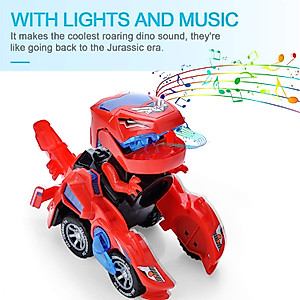 Sunnhan Transforming Toys, 2 in 1 Transforming Dinosaur LED Car Dinosaur Transform Car Toy Automatic Dinosaur Dino Transformer Toy Car Lamps for Kids,Toddlers ( Ages 3-12, Red)