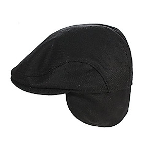 Biddy Murphy Men's Irish Newsboy 100% Wool Flat Cap, Warm Tuck-Away Ear Flaps, Black, Large