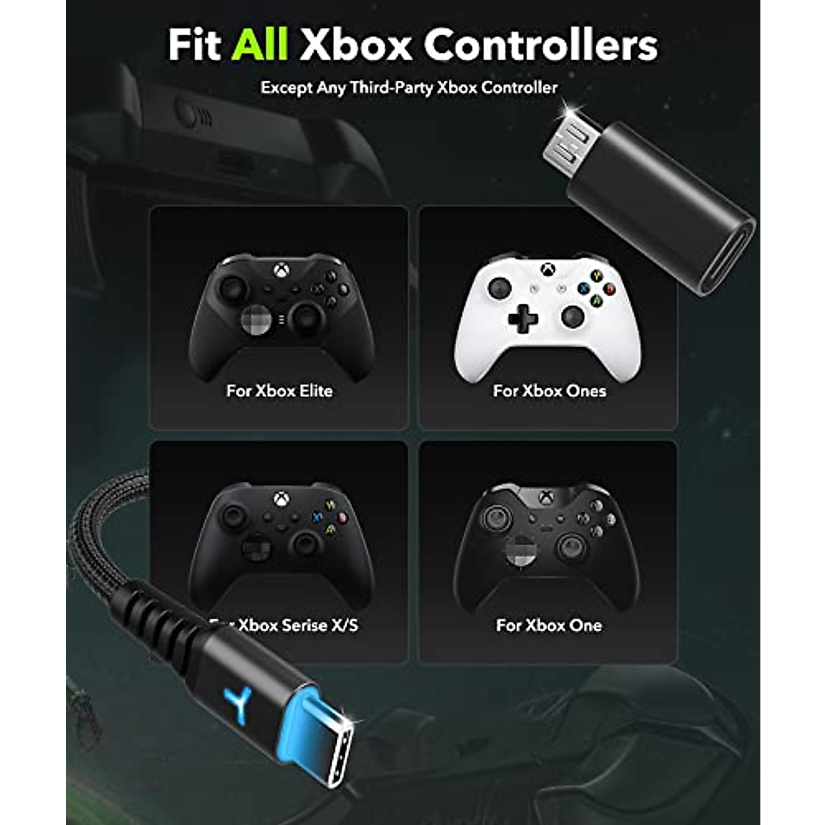 Controller Battery for Xbox One/Xbox Series X S with 3M USB C Charging Cable and Micro USB Adapter Rechargeable Battery Kit Play and Charge Xbox Accessory, XBOX-SB02
