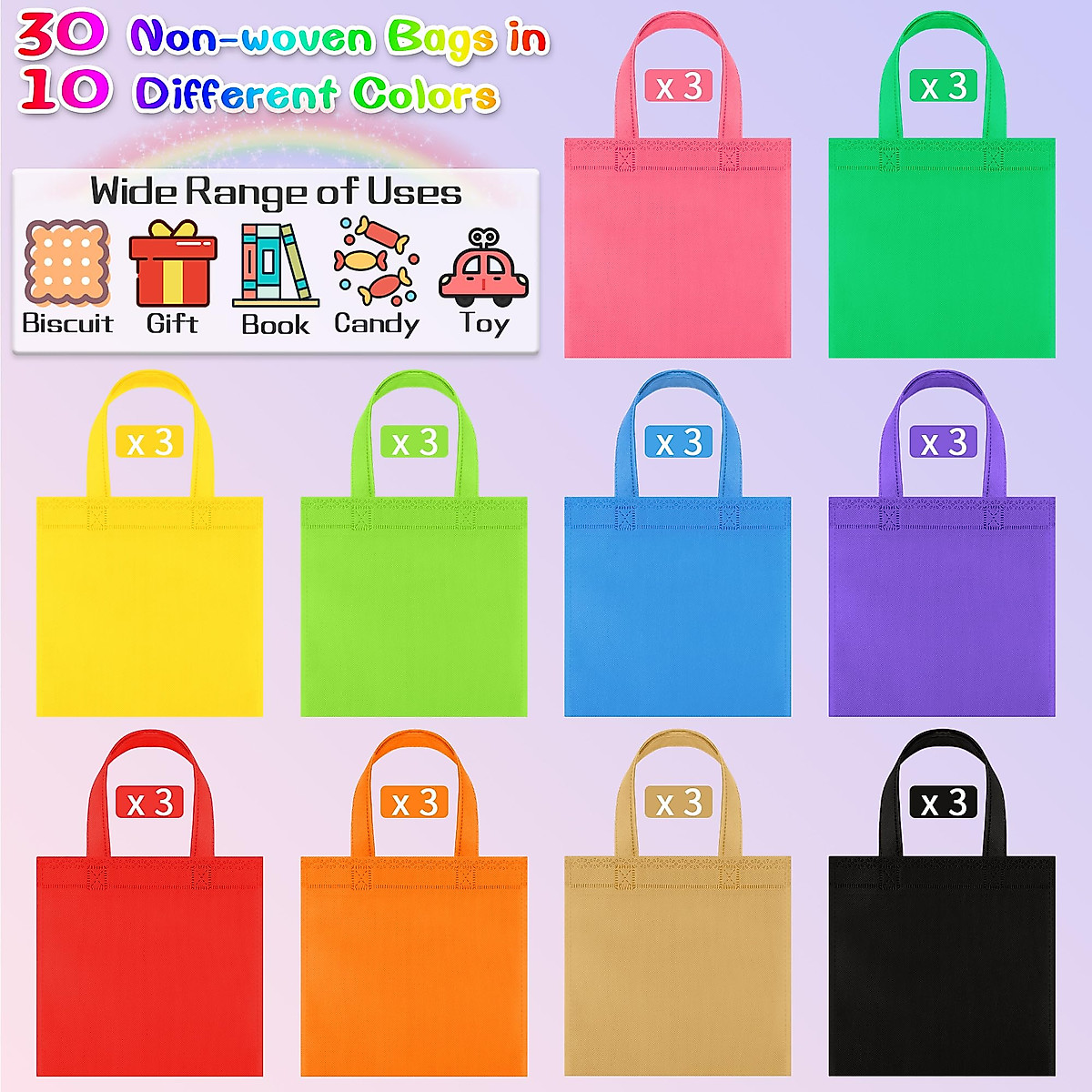 Aneco 30 Pack Reusable Non-woven Party Favor Bag 8×8 Inch Tote Bags Bulk with Handles Rainbow Goodies Gift Bags for Birthday Wedding Party