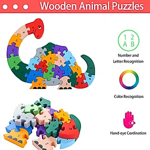 LovesTown 2 PCS Wooden Animal Puzzles, Alphabet Building Blocks for Kids, Preschool Letters and Numbers Puzzles, ABC Animal Puzzle for Toddlers